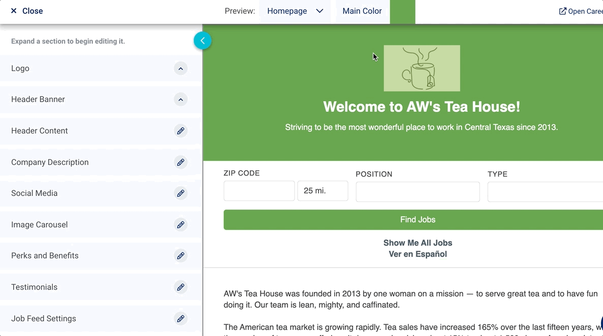 Configuring the colors on your careers page